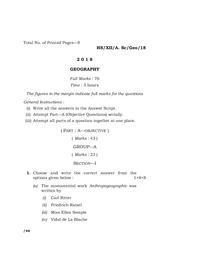 MBOSE Class 12 Question Paper 2018 For Geography