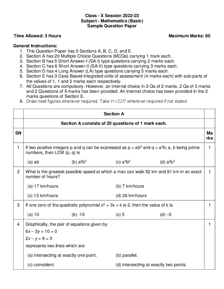 CBSE Class 10 Sample Paper 2023 For Maths Basic