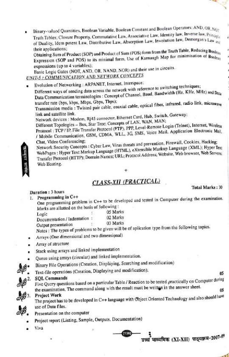 Bihar Board Class 11 Computer Science Syllabus 2024 PDF Download