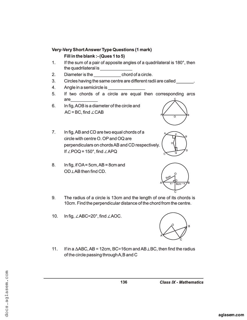 Class 9 Maths Extra Questions Chapter 10 Circles