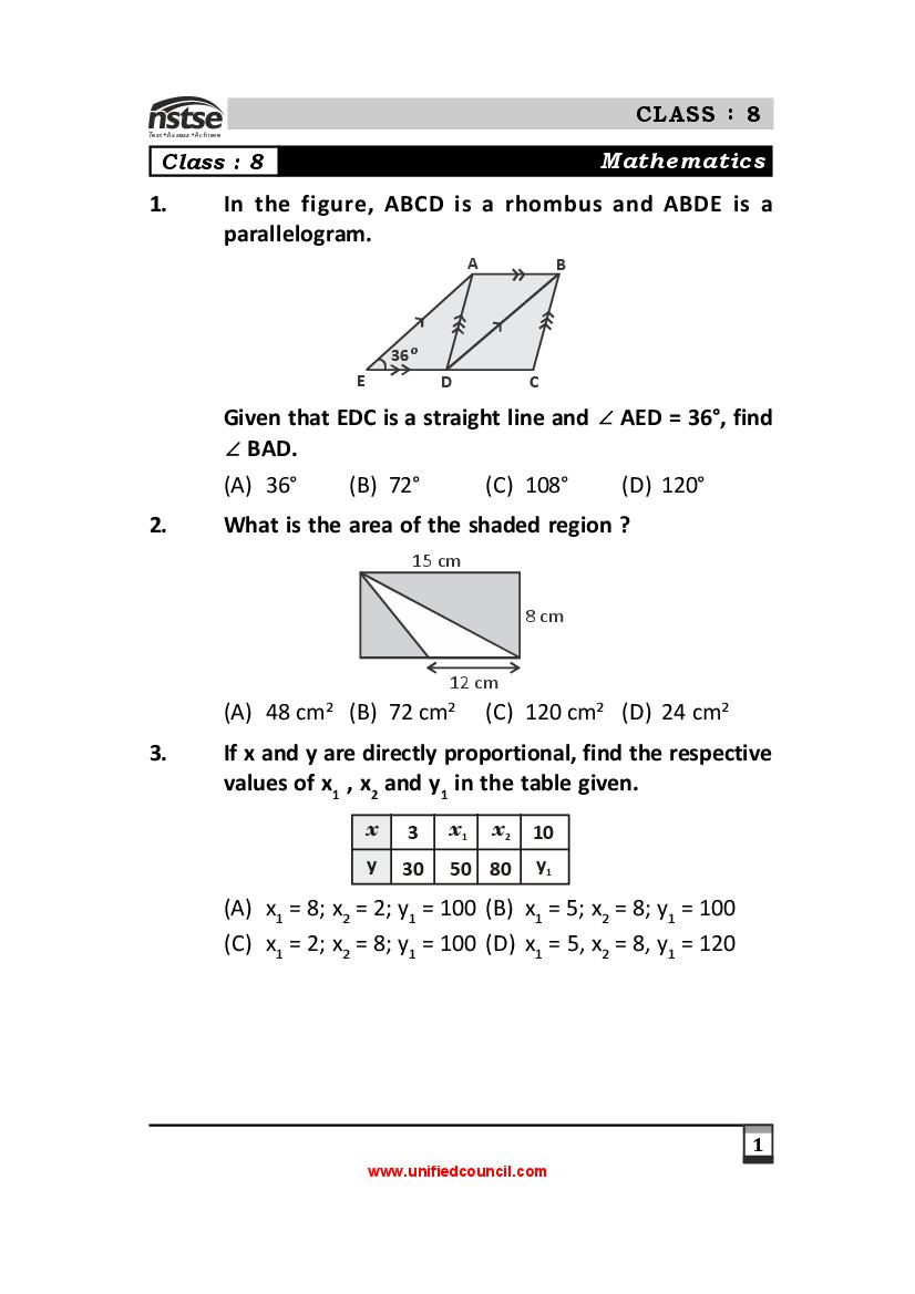 NSTSE Sample Paper Class 8 NSTSE Sample Paper Class 8