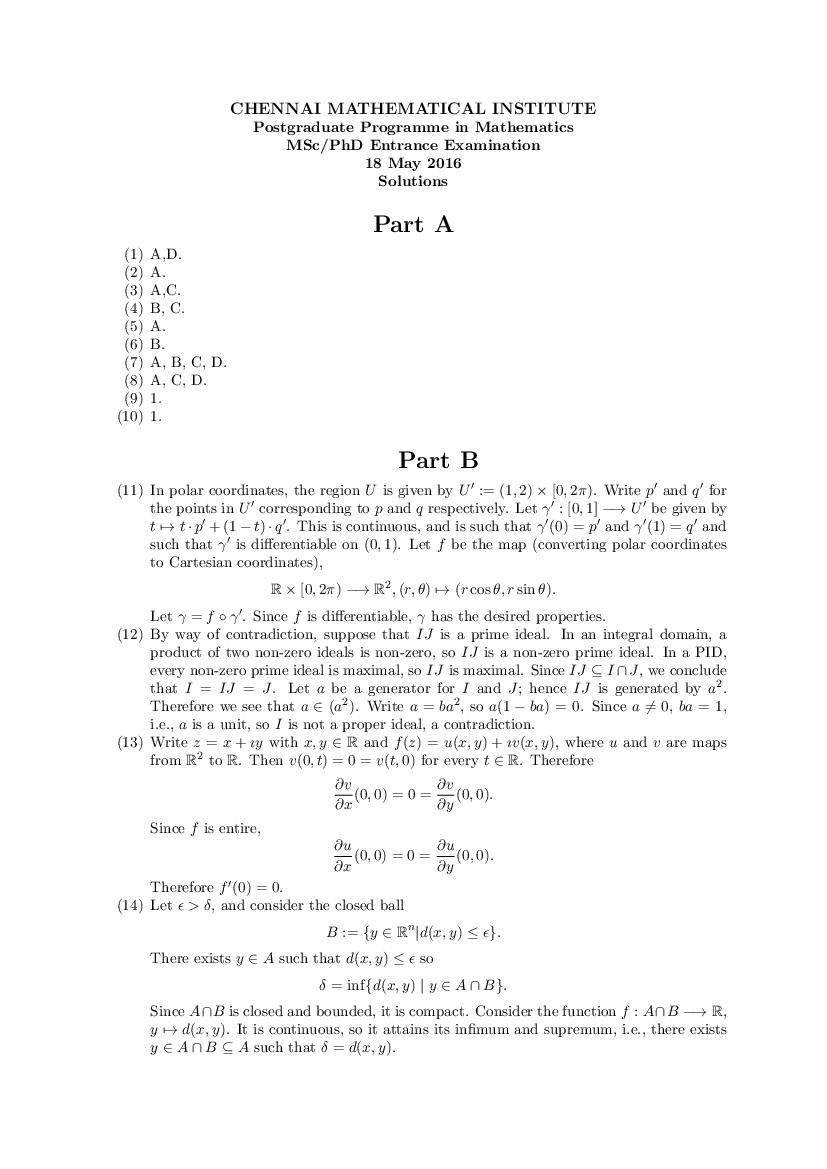 CMI Entrance Exam 2016 Question Paper Solution M.Sc Maths