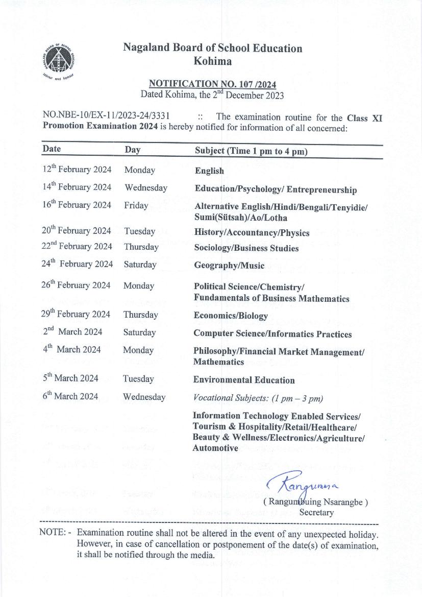 NBSE Class 11 Routine 2024 (PDF Out) - Download Nagaland Board 11th ...