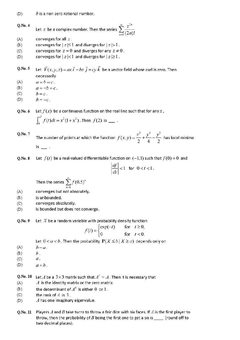 GATE 2020 Engineering Mathematics (XE-A) Question Paper with Answer Key