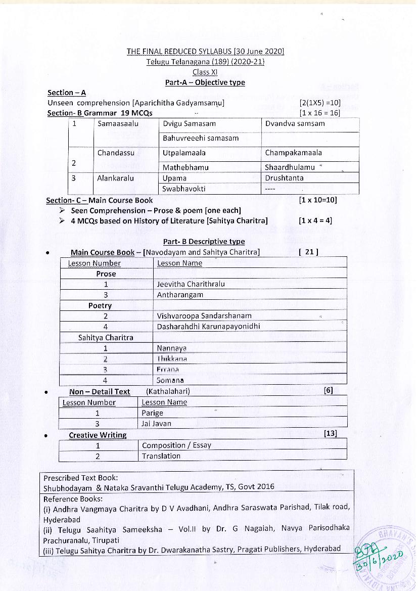 CBSE Class 11 Telugu Telangana Syllabus 2020 21 CBSE Class 11 Telugu Telangana Syllabus 2020 21