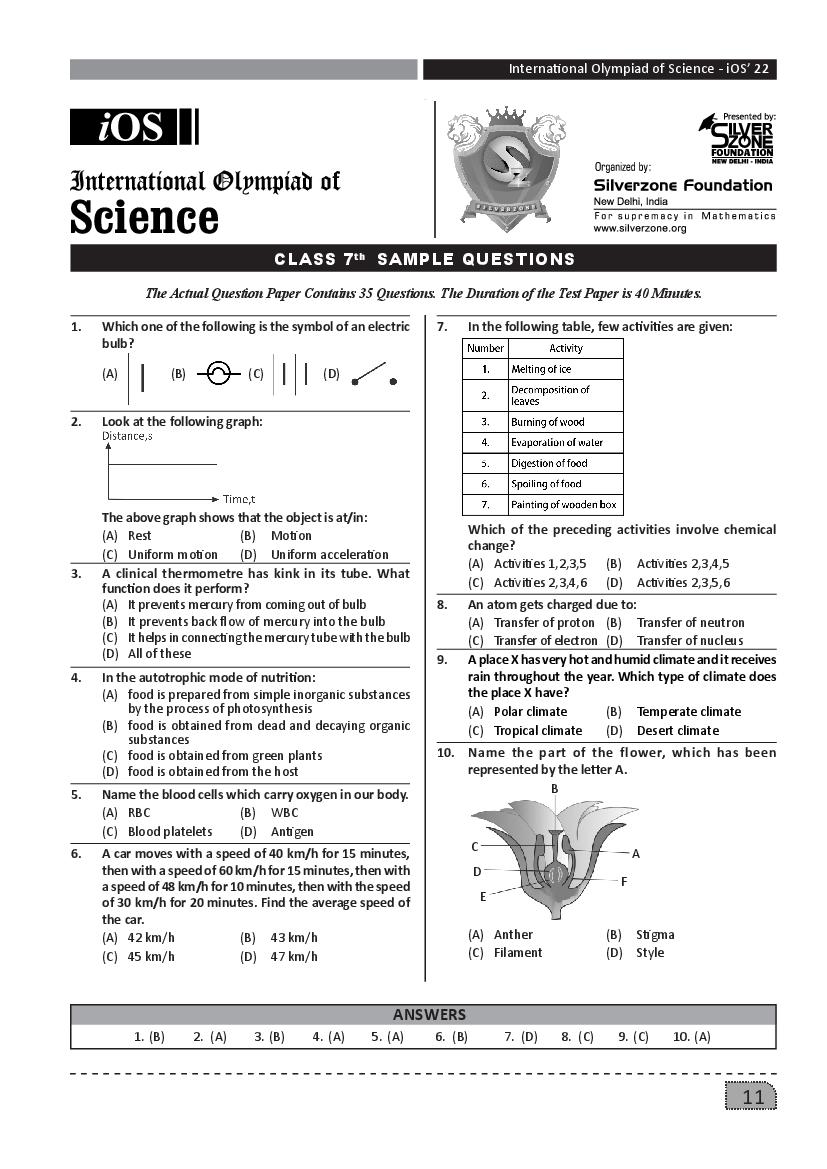 Silverzone Science Olympiad iOS Sample Question Paper 2023 For Class 7