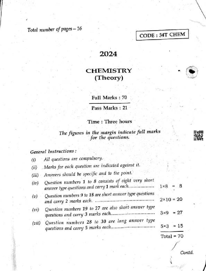 AHSEC Class 12 Chemistry Question Paper 2024 (PDF) - Assam Board HS 2nd ...