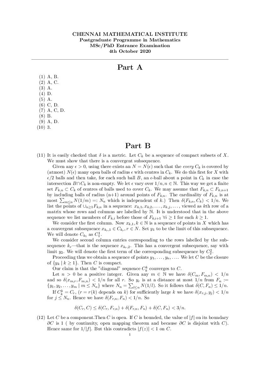 CMI Entrance Exam 2020 Question Paper Solution M.Sc Maths