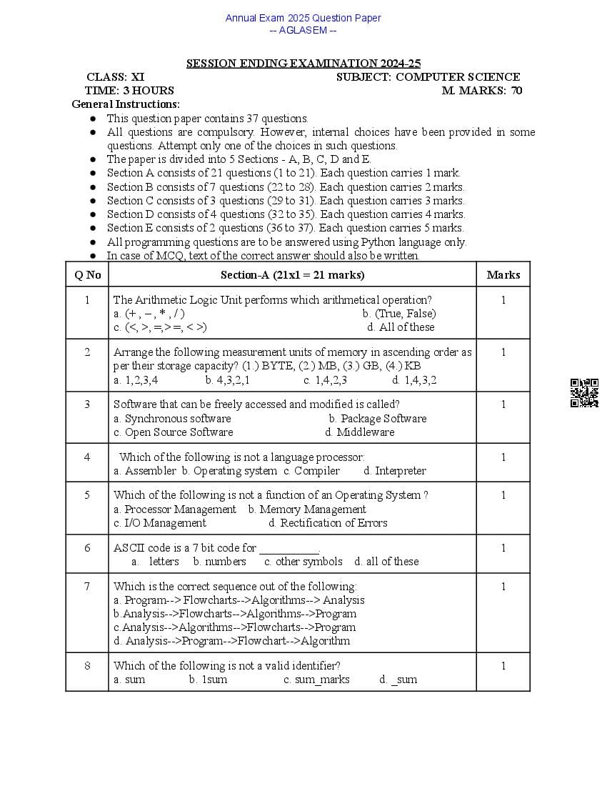 Class 11 Computer Science Question Paper 2025 (PDF) - Download 11th Std Annual Exam Computer ...