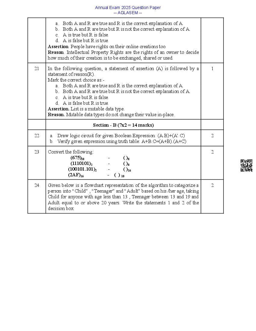 Class 11 Computer Science Question Paper 2025 (PDF) - Download 11th Std ...