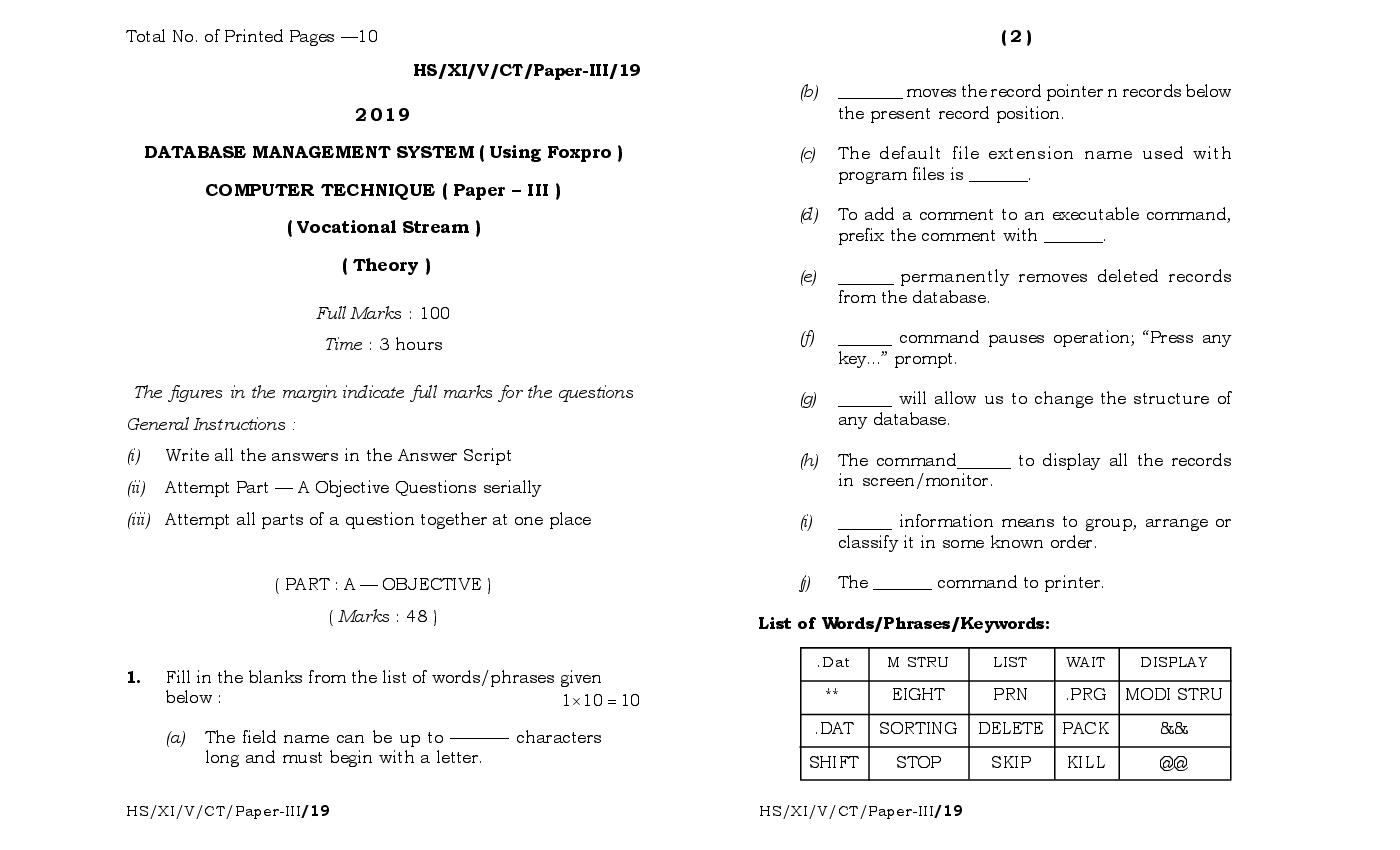 MBOSE Class 11 Question Paper 2019 for Computer Technique Paper - III