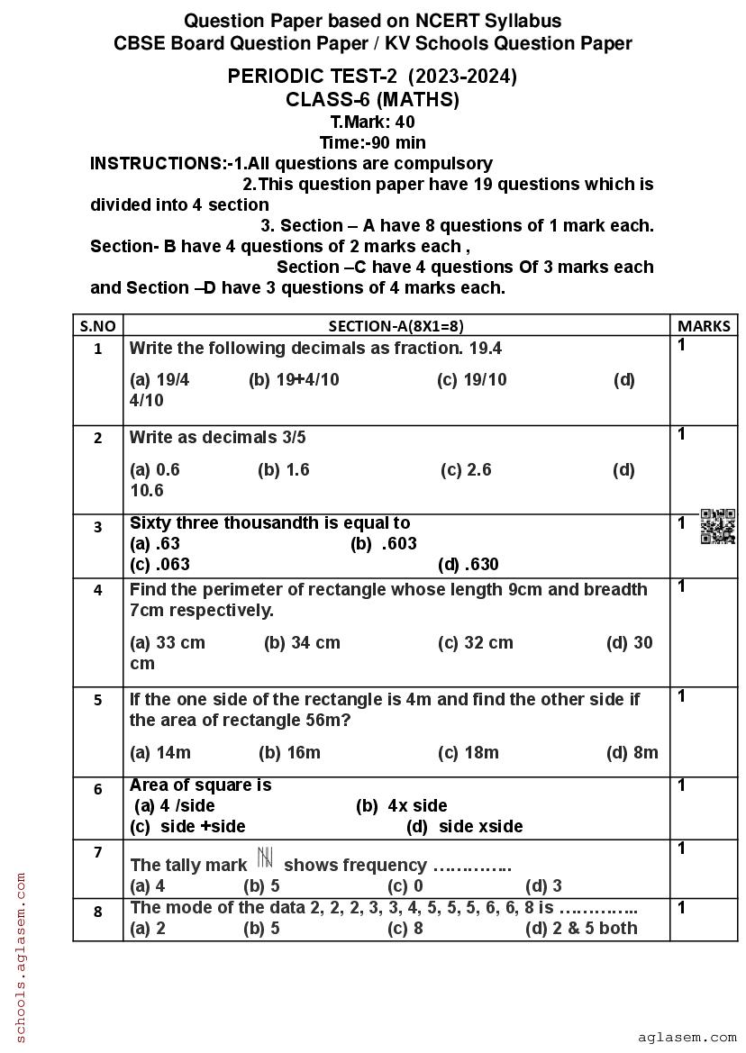 Class 6 PT 2 Question Paper Maths 2023-24 | Download Periodic Test 2 ...
