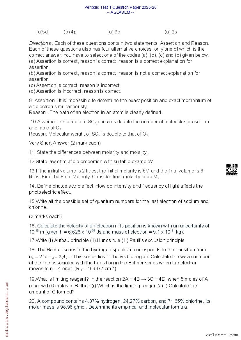 Class 11 PT 1 Question Paper Chemistry 2025-26 PDF | Download Periodic ...