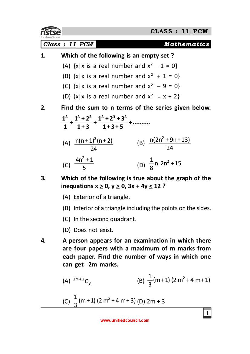 NSTSE Sample Paper Class 11 PCM NSTSE Sample Paper Class 11 PCM