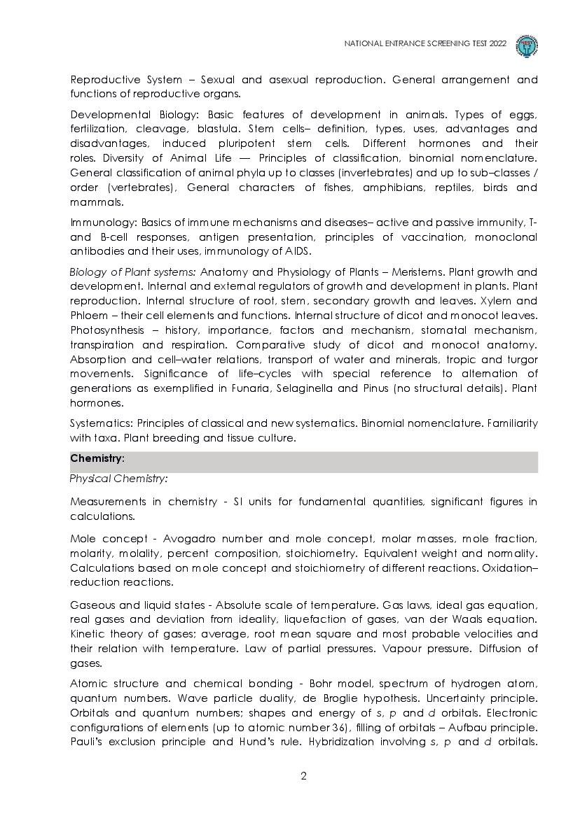 NEST Syllabus 2022 (released) - Download PDF