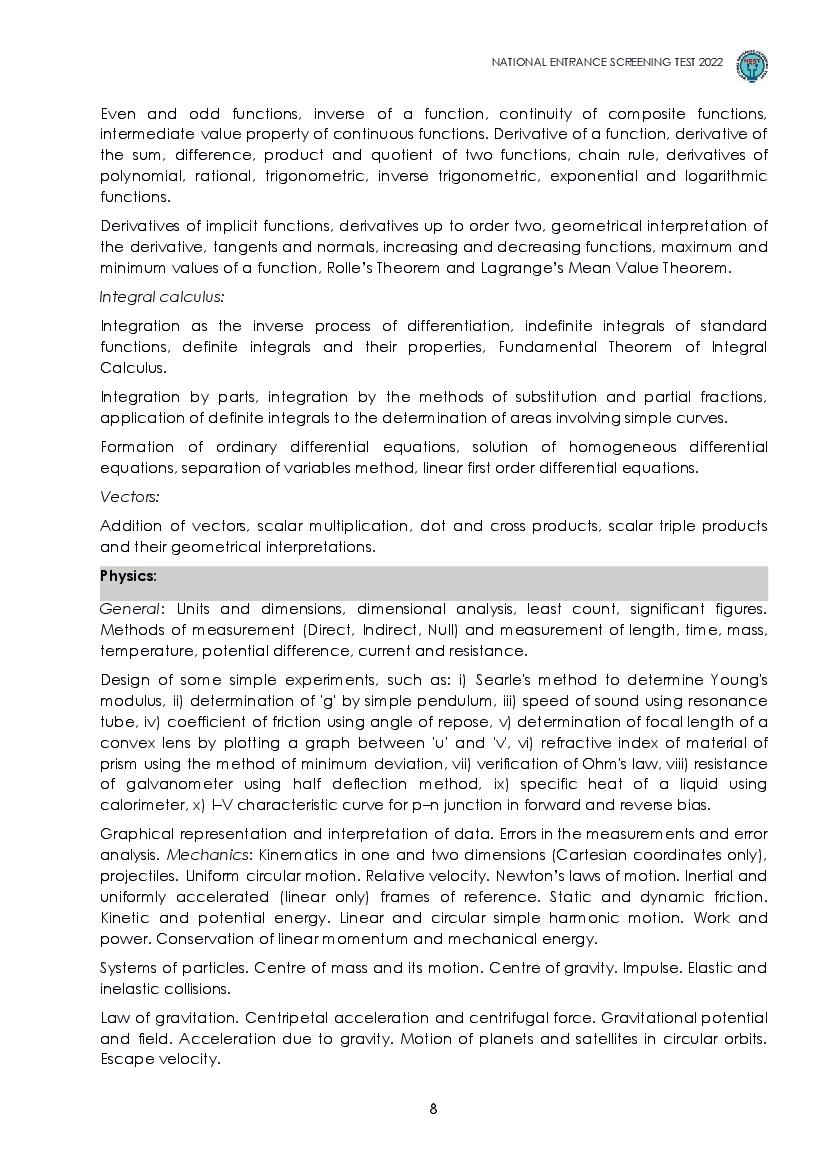 NEST Syllabus 2022 (released) - Download PDF