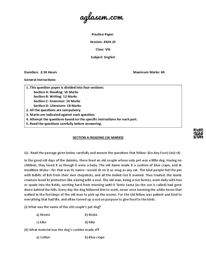 Class 8 English Sample Paper 2025 PDF Download Self Study Practice