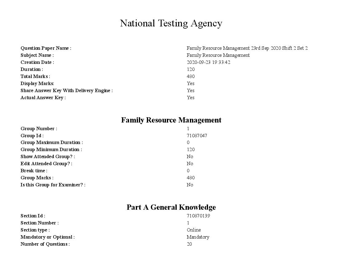 AICE JRF SRF 2020 Question Paper Family Resource Management