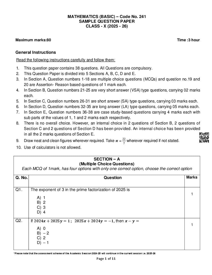 CBSE Class 10 Maths Basic Sample Paper 2026 (Solved) PDF Download - AglaSem