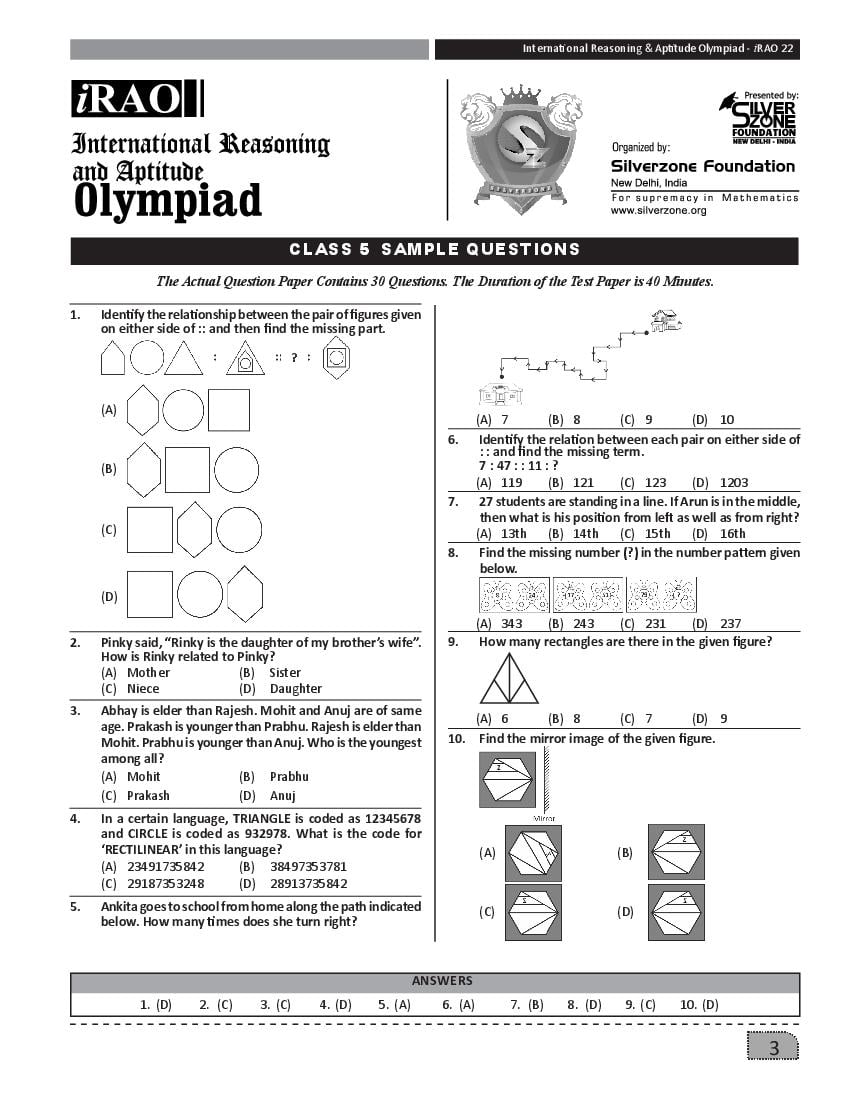 SilverZone IRAO Sample Paper 2022 Class 5