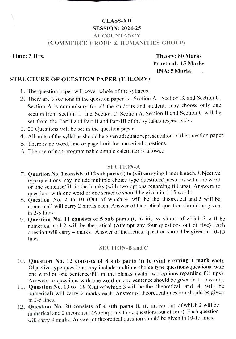 PSEB Class 12 Question Paper Structure 2025
