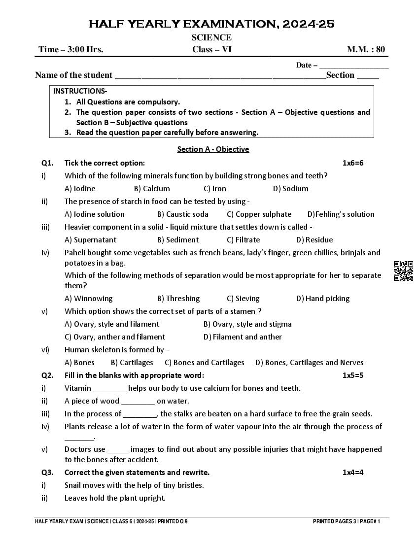 Class 6 Science Half Yearly Question Paper 2025 | Download 6th Half ...