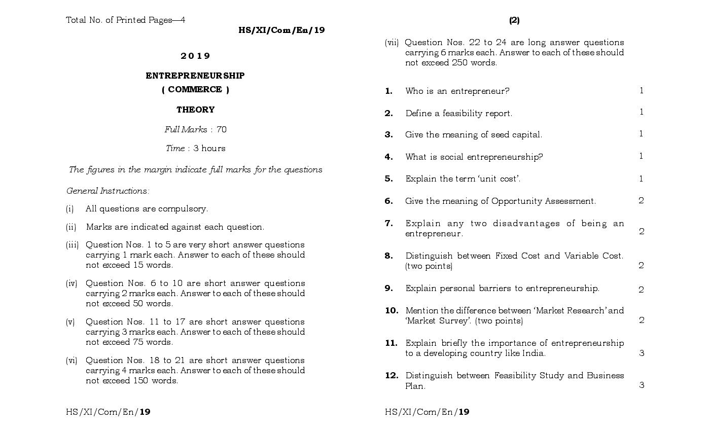 MBOSE Class 11 Question Paper 2019 for Entreperneurship