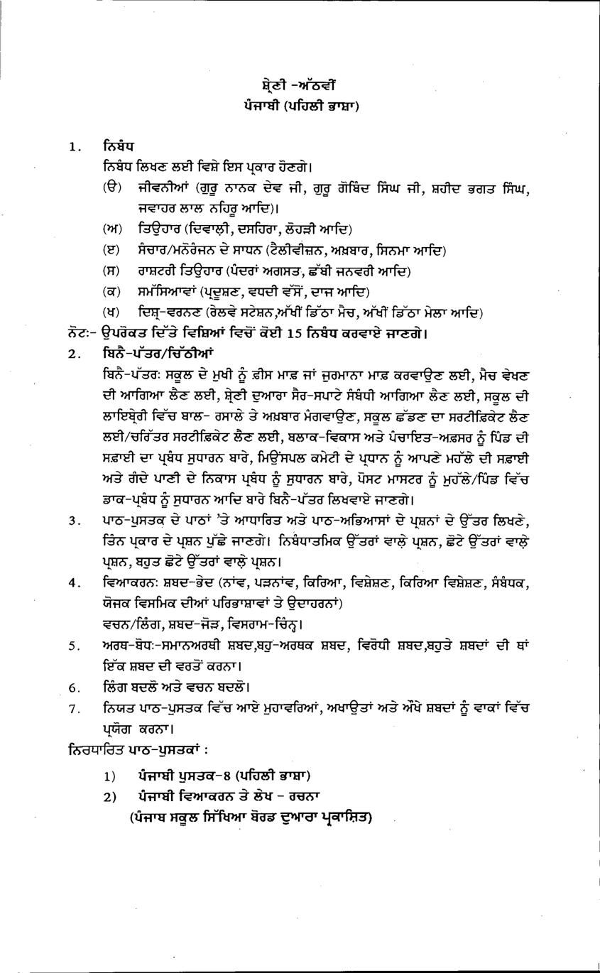 PSEB 8th Class Syllabus 2023 Punjabi 1st Language