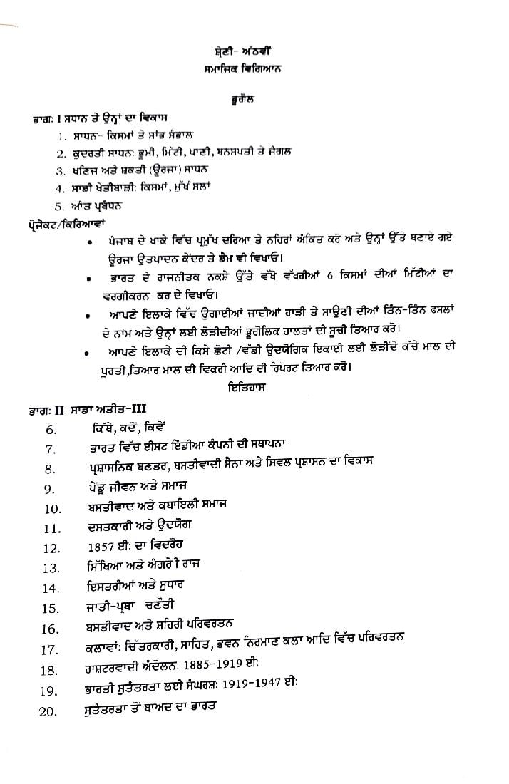 PSEB 8th Class Syllabus 2023 SST