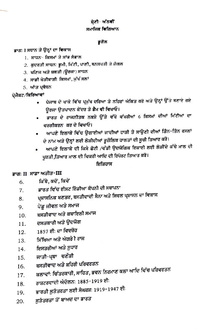 PSEB 8th Class Syllabus 2023 SST