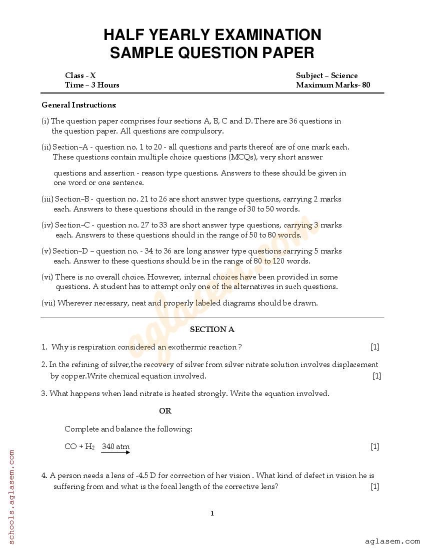 Class 10 Science Sample Paper Half Yearly Exam 2025 10th Science Half Class 10 Science Sample Paper Half Yearly Exam 2025 10th Science Half