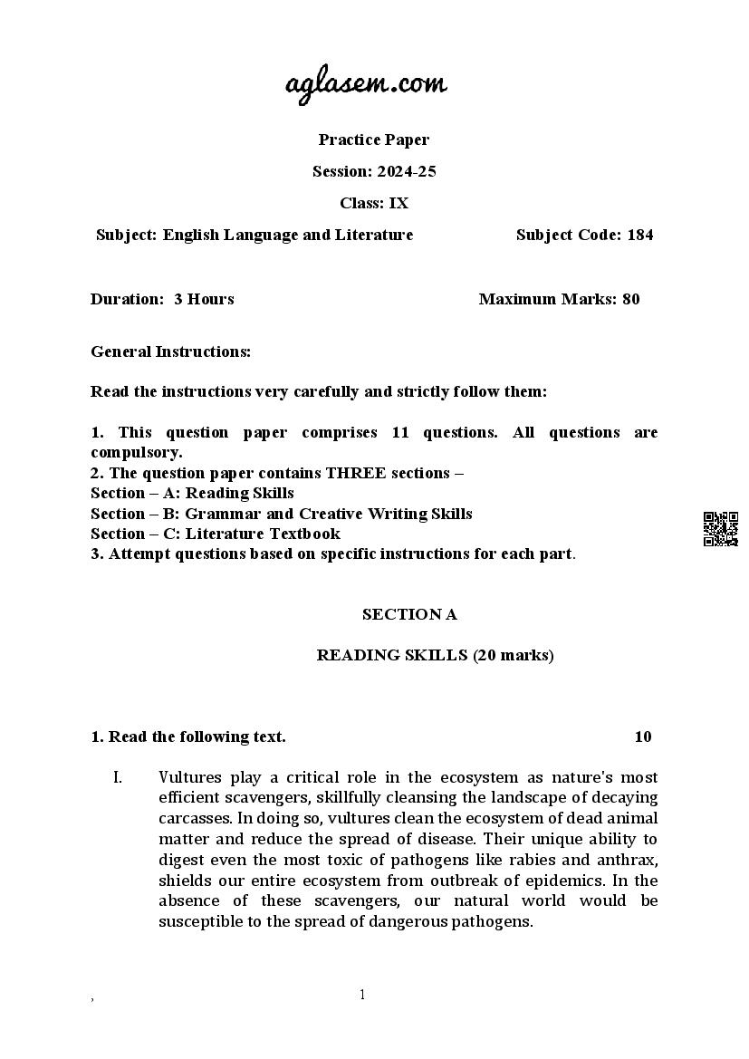 Class 9 English Sample Paper 2025 PDF Download Self Study Practice