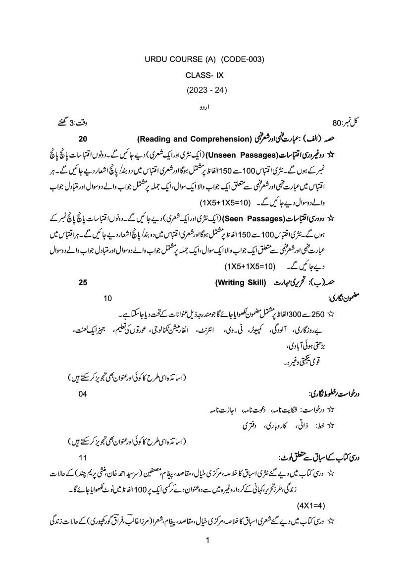 CBSE Class 9 Urdu Syllabus 2023 24 PDF Download Here