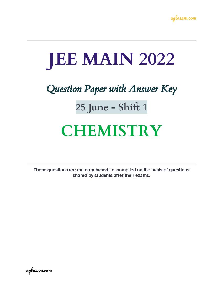 JEE Main 2022 Question Paper with Answer Key - 25 June Shift 1 ...