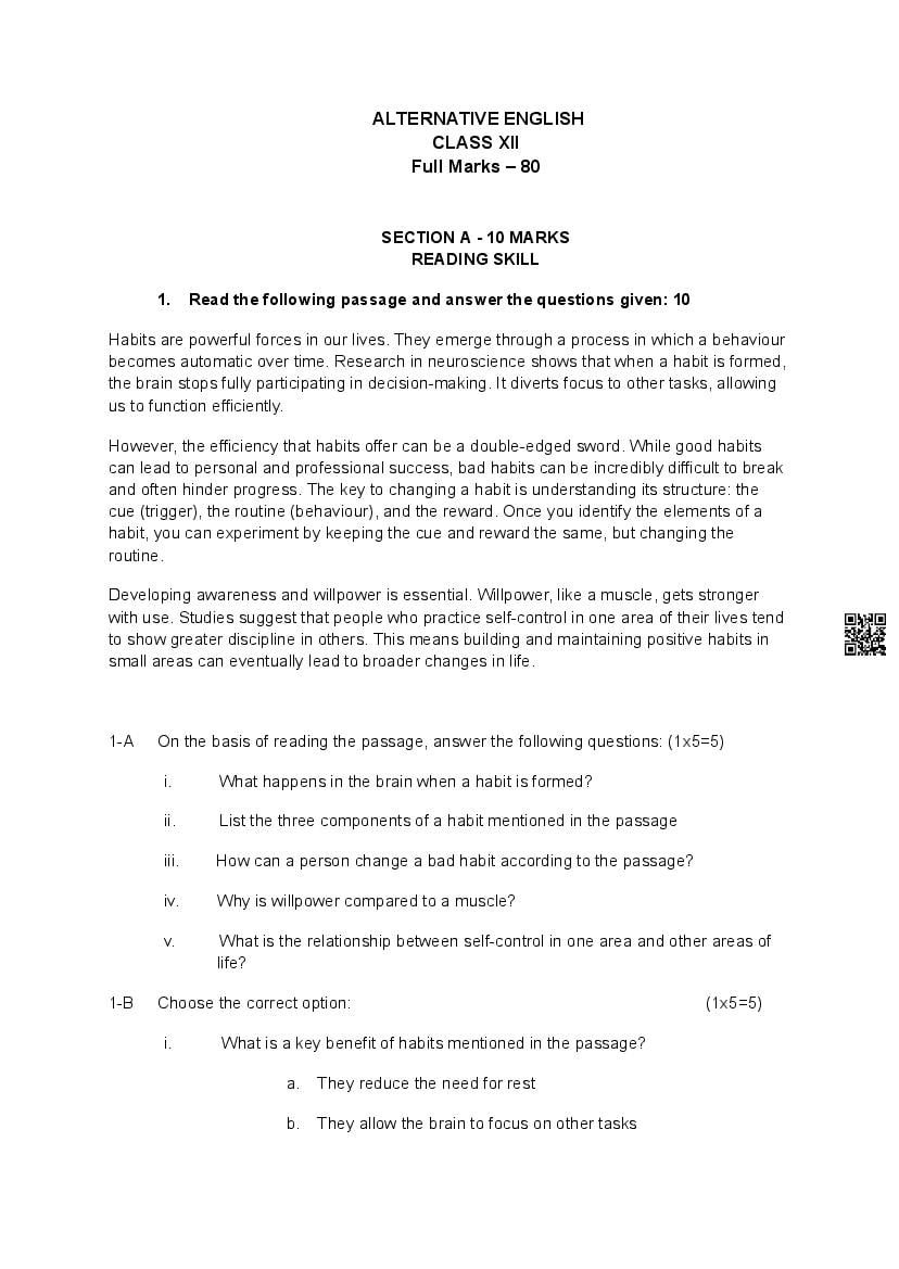 MBOSE HSSLC English Alternative Sample Paper 2026 (PDF) - Download ...