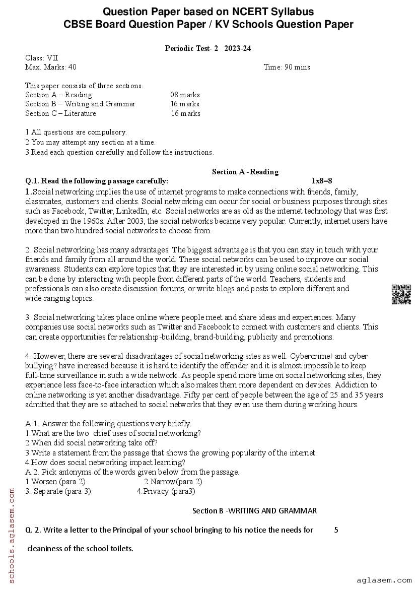 Class 7 PT 2 Question Paper English 2023-24 | Download Periodic Test 2 ...