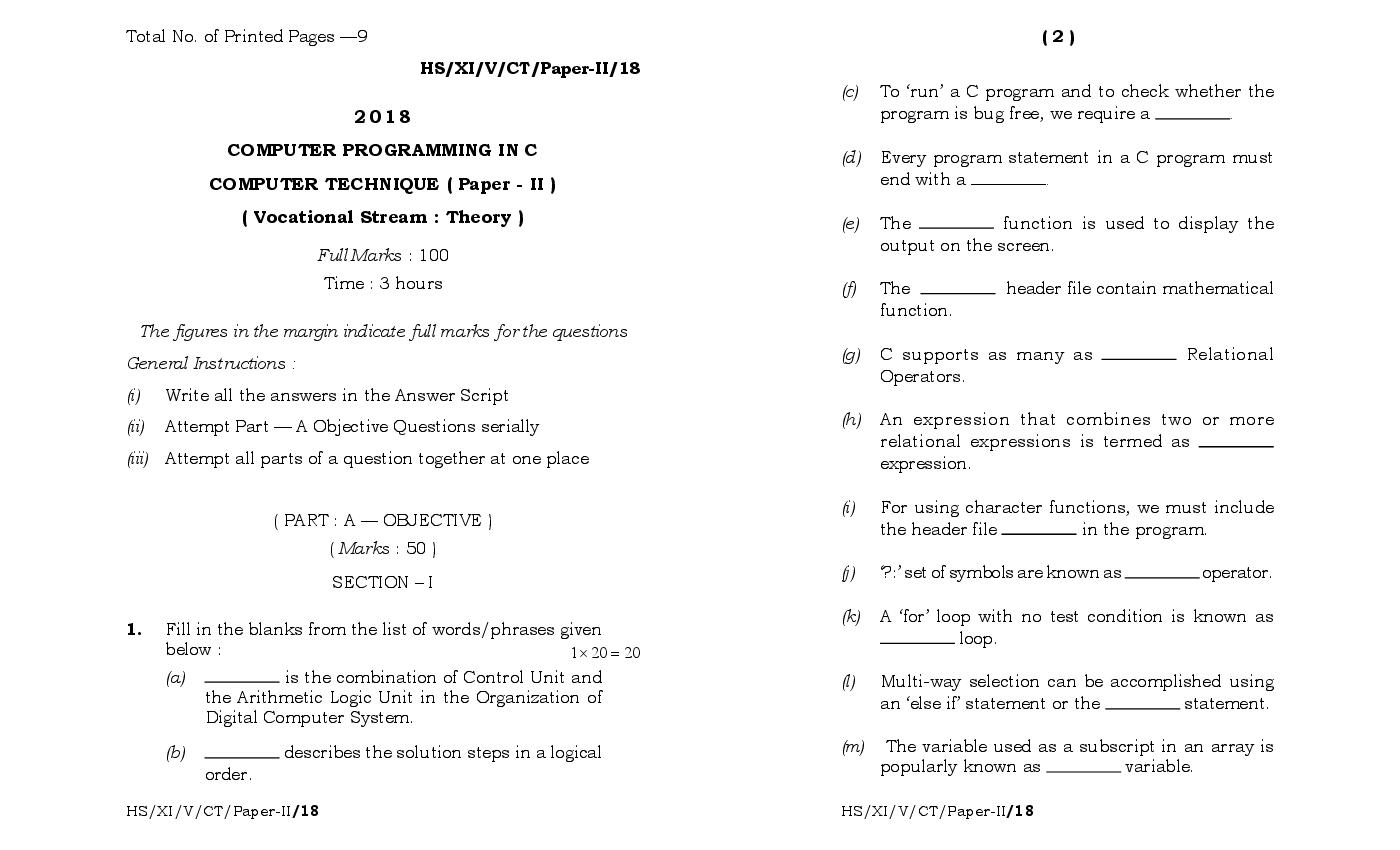MBOSE Class 11 Question Paper 2018 for Computer Techniqe Paper-II