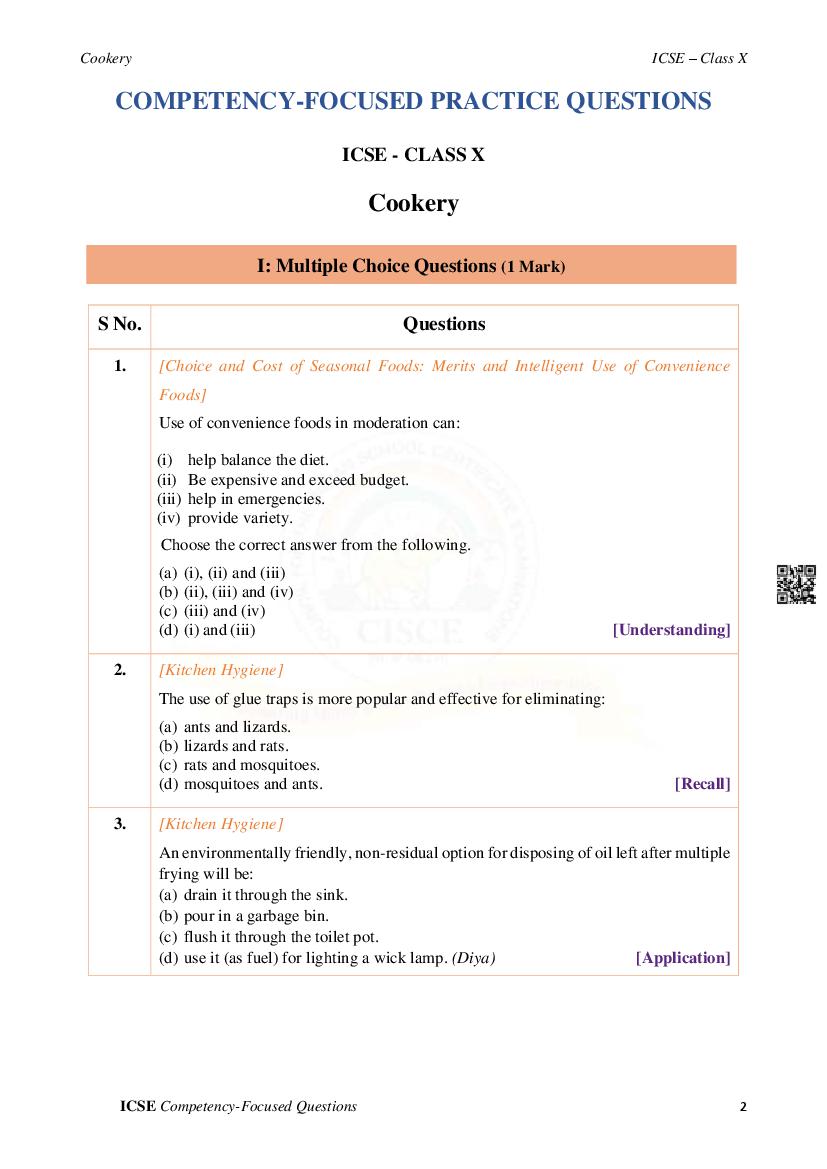 ICSE Competency Based Questions Cookery | Class 10 Competency Practice ...