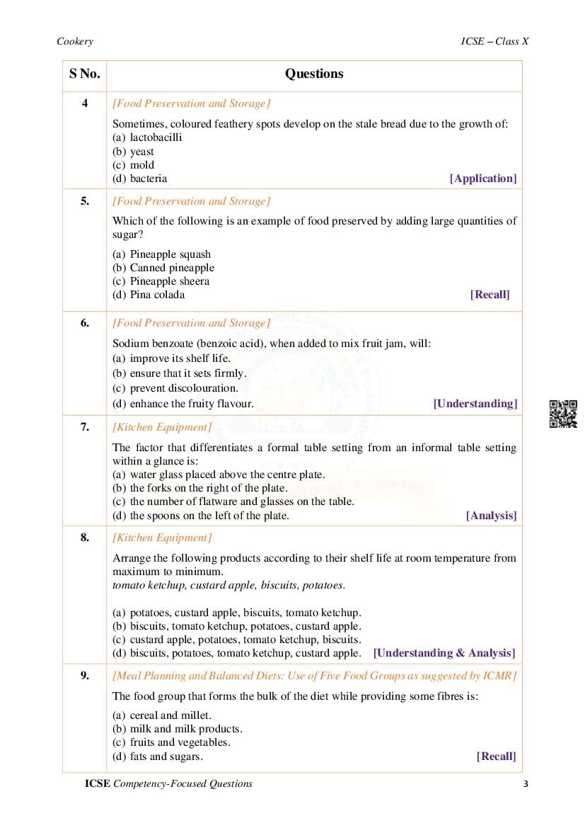 ICSE Competency Based Questions Cookery | Class 10 Competency Practice ...