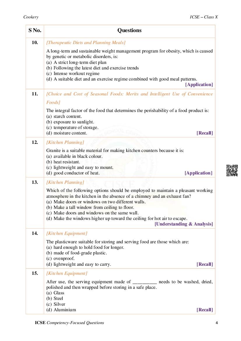 ICSE Competency Based Questions Cookery | Class 10 Competency Practice ...