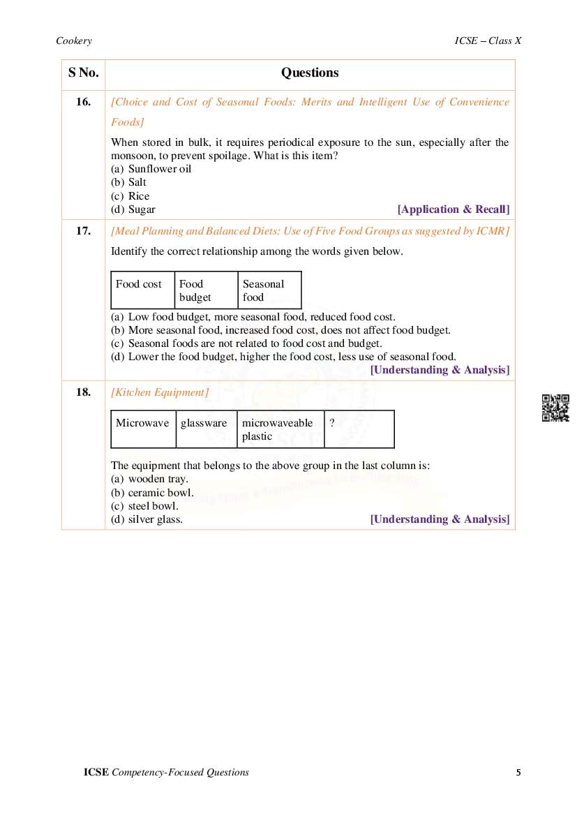 ICSE Competency Based Questions Cookery | Class 10 Competency Practice ...
