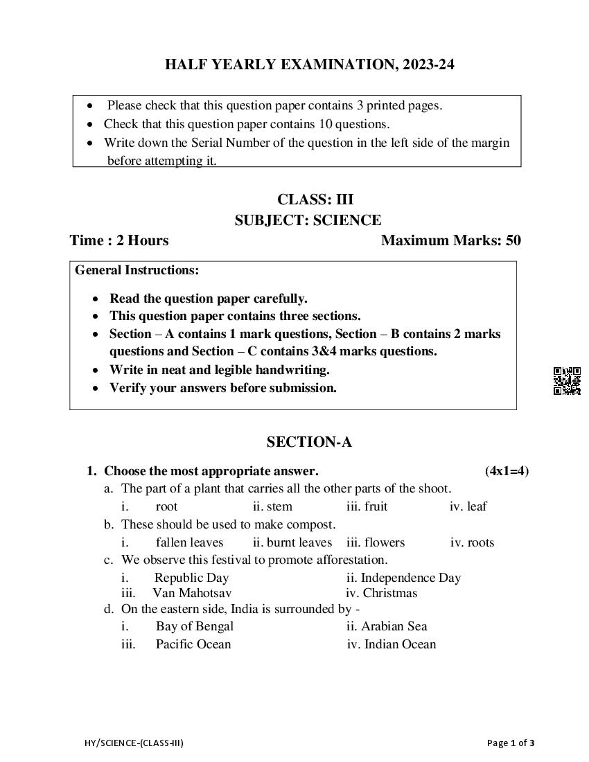 Class 3 EVS Half Yearly Question Paper 2024 | Download 3rd Half Yearly ...
