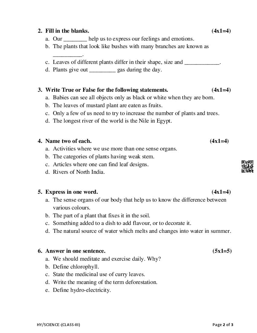 Class 3 Evs Half Yearly Question Paper 2024 Download 3rd Half Yearly