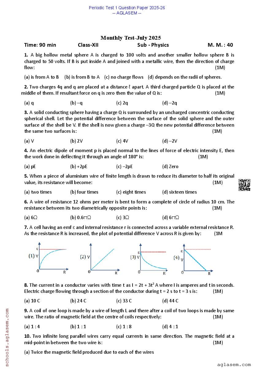 Class 12 PT 1 Question Paper Physics 2025-26 PDF | Download Periodic ...