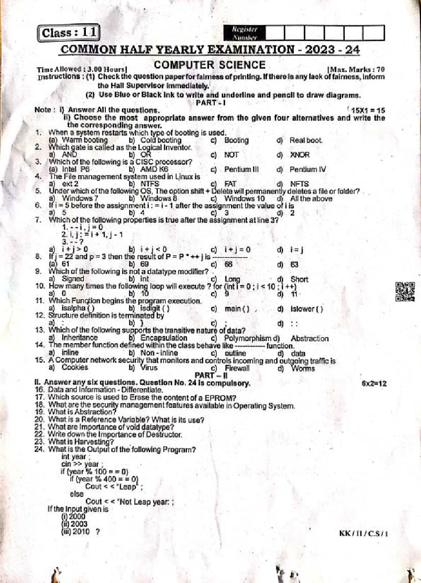 TN 11th Computer Science Half Yearly Question Paper 2024 (PDF) - AglaSem