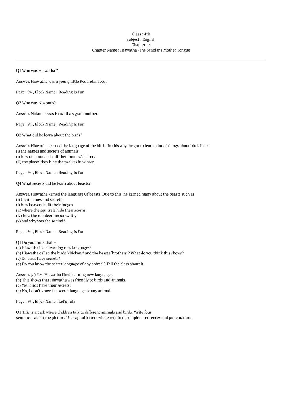 NCERT Solutions For Class 4 English Chapter 6 Hiawatha The Scholar s PDF 