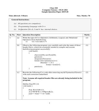 CBSE Class 12 Sample Paper 2020 for Computer Science Old
