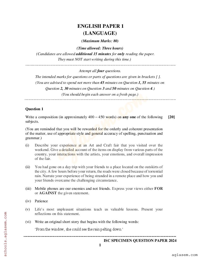 ISC Class 12 English Elective Specimen Paper 2024 PDF 43 OFF