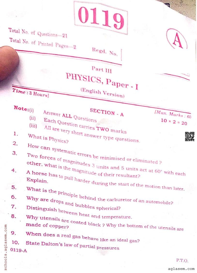 Telangana Inter 1st Year Physics Question Paper 2024 (PDF) - Download TS Class 11 PYQP - AglaSem