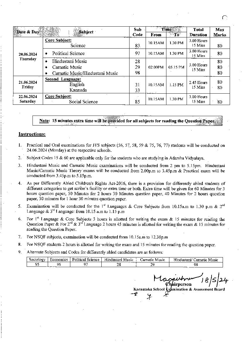 Karnataka SSLC Time Table 2024 Exam 2 - Download KSEAB Class 10 Exam Date
